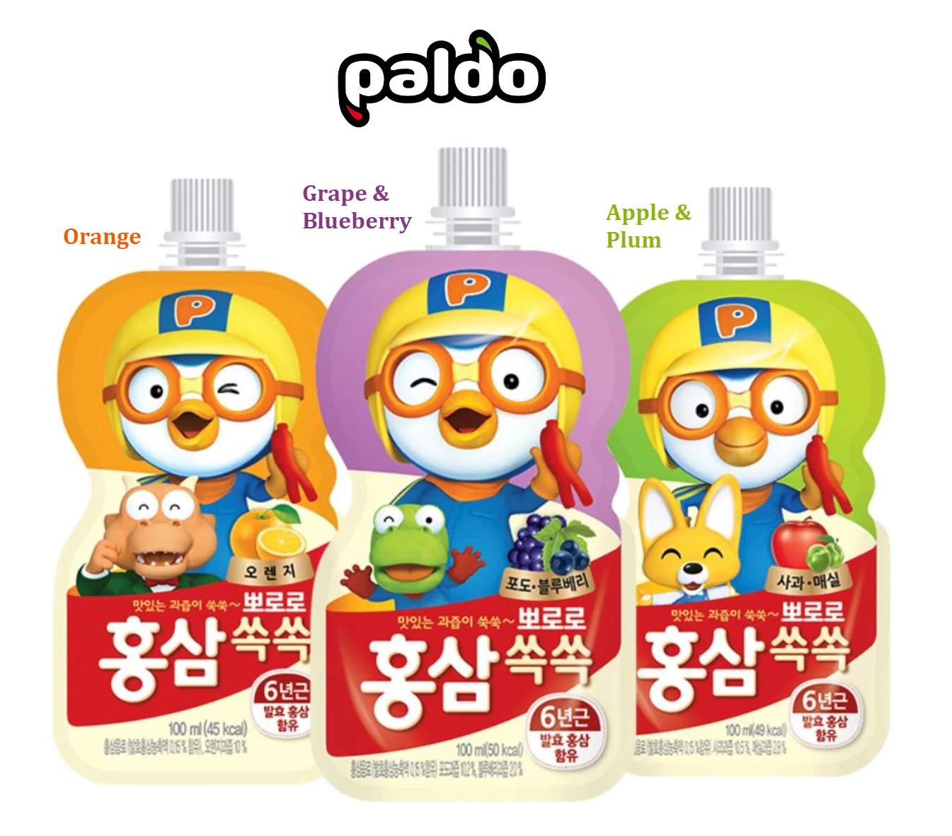 [Paldo] Kids Pororo Pouch Red Ginseng Fruit Drink 100ml 뽀로로 홍삼쑥쑥 사과 포도 ...