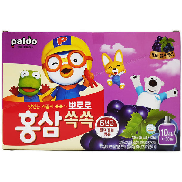 [Paldo] Pororo Pouch Red Ginseng Grape-blueberry Flv 100mlx10 뽀로로 홍삼쏙쏙 ...